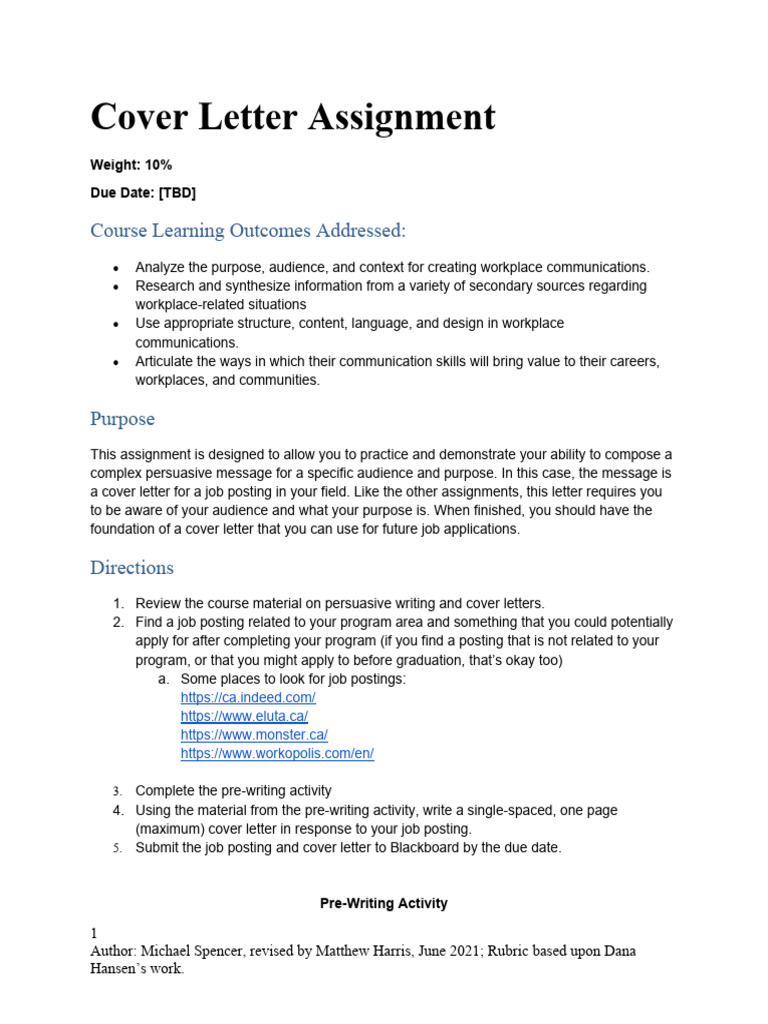 Cover Letter Assignment and Rubric-1 | PDF | Communication | Cognitive ...