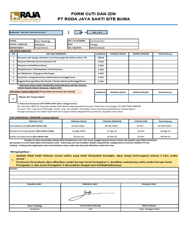 Form Cuti & Ijin Site Buma | PDF