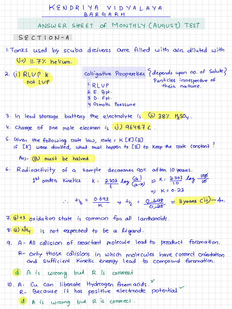Monthly Test August 2023-24-1 | PDF | Physical Chemistry | Chemical ...