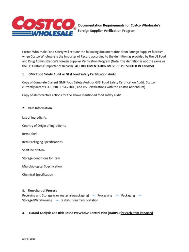 FSVP - Standard - Documentation Requirements For Costco Wholesale | PDF ...