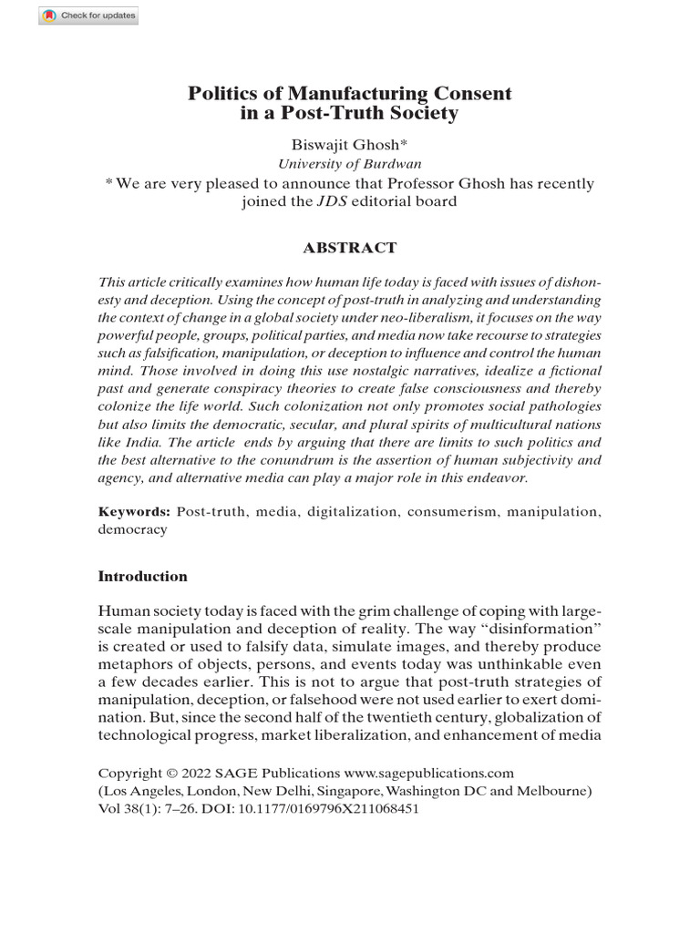 Ghosh 2022 Politics of Manufacturing Consent in A Post Truth Society ...