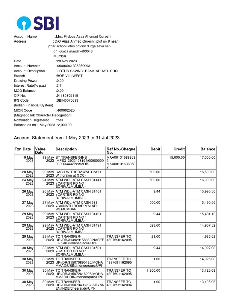 Account Statement From 1 May 2023 To 31 Jul 2023 Txn Date Value Date Description Ref No Cheque
