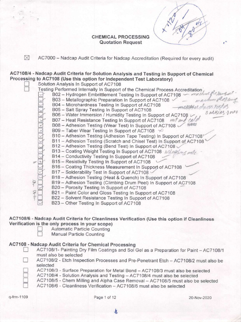 NADCAP Quoation Form | Download Free PDF | Alloy | Chemical Elements