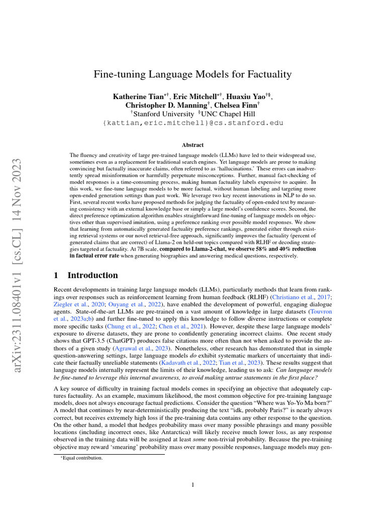 Fine-Tuning Language Models For Factuality | PDF | Accuracy And Precision | Sampling (Statistics)