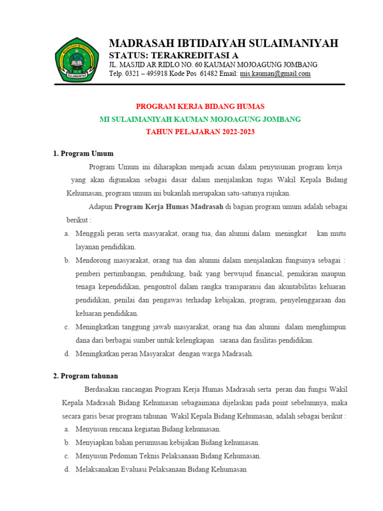 PROGRAM KERJA BIDANG HUMAS Tapel 2022-2023 | PDF