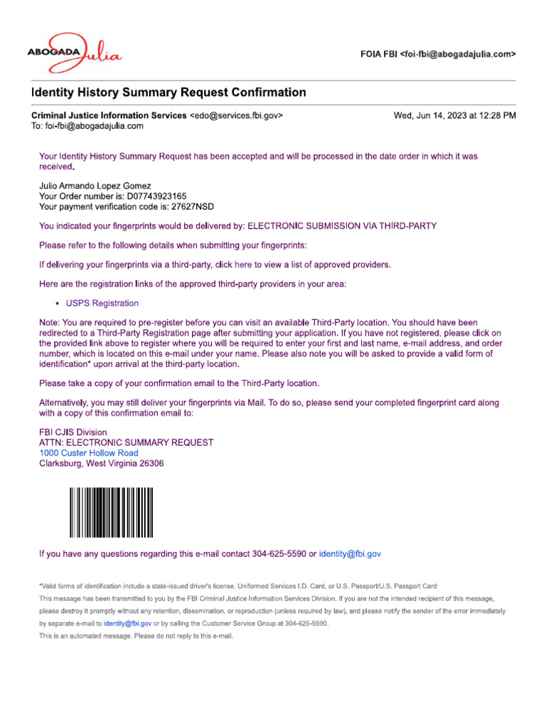 Identity History Summary Request - LOPEZ GOMEZ, Julio Armando | PDF