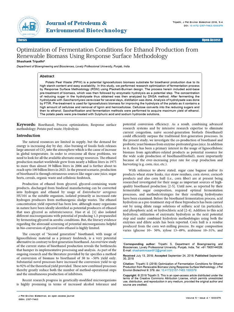 Optimization of Fermentation Conditions For Ethano | PDF | Biofuel | Ethanol