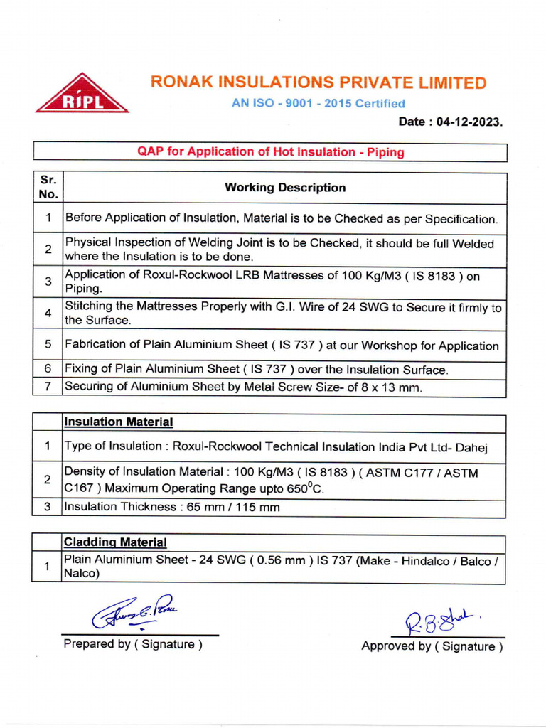 QAP For Application of Hot Insulation Piping | PDF