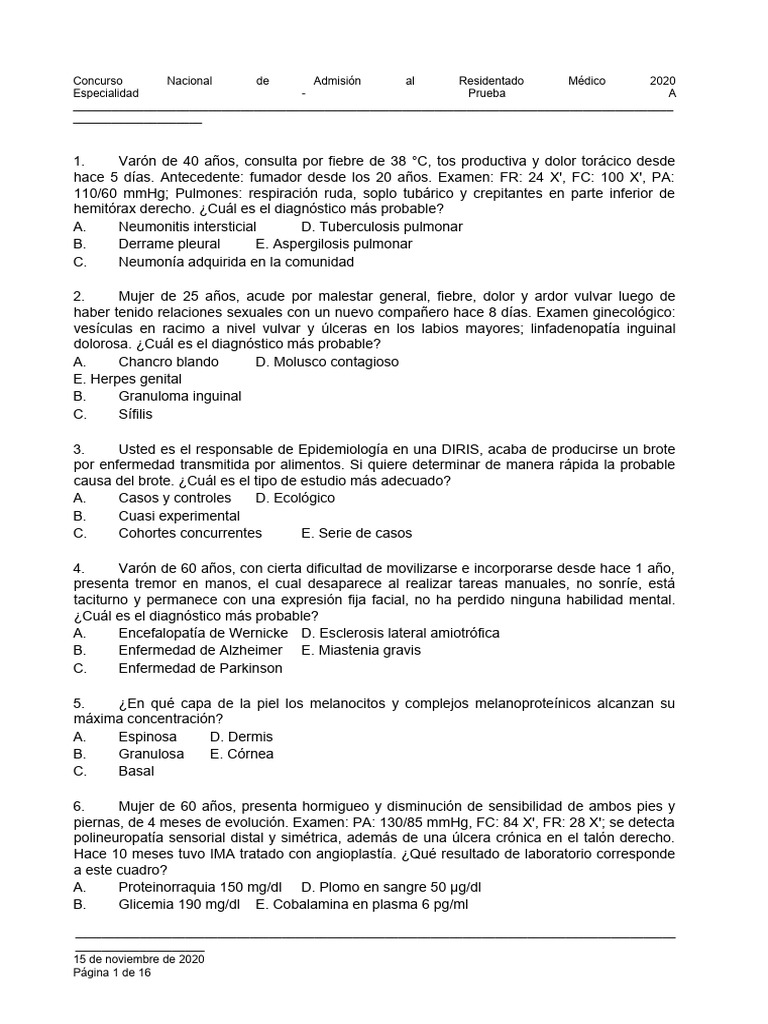 Prueba 2020 A Residentado Medico | PDF | Bilis | Dolor de cabeza