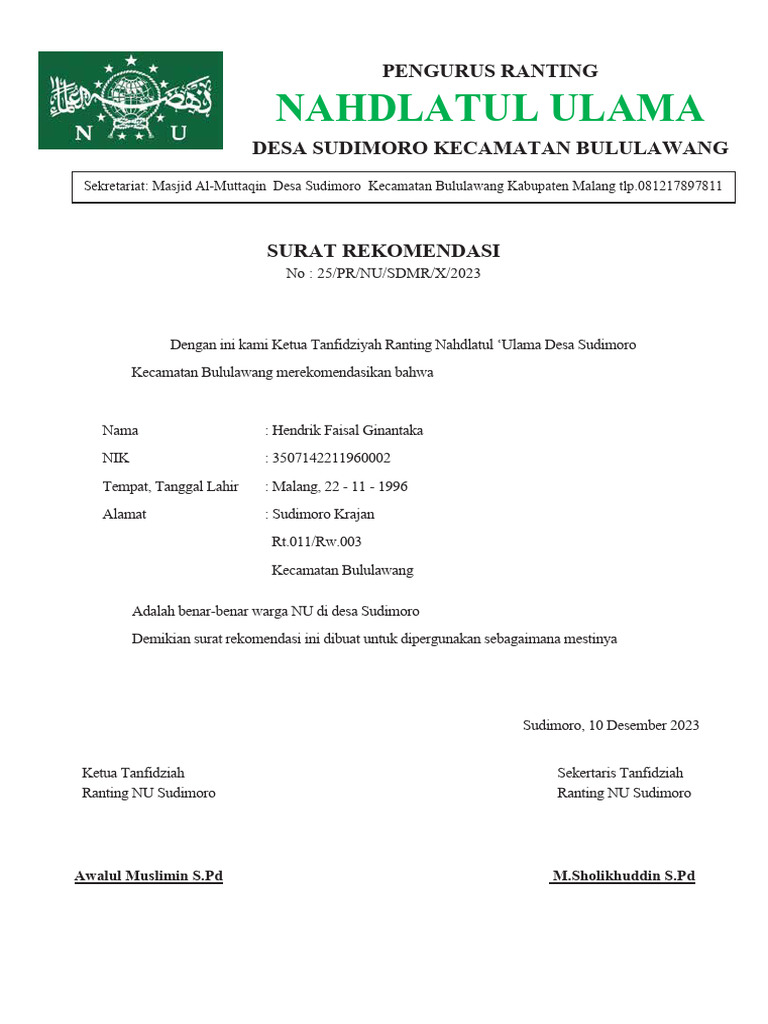 Surat Rekomendasi NU | PDF