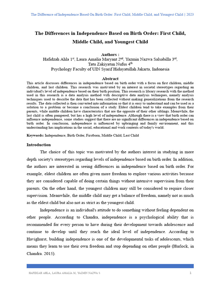 The Differences in Independence Based on Birth Order: First Child, Middle Child, and Youngest ...