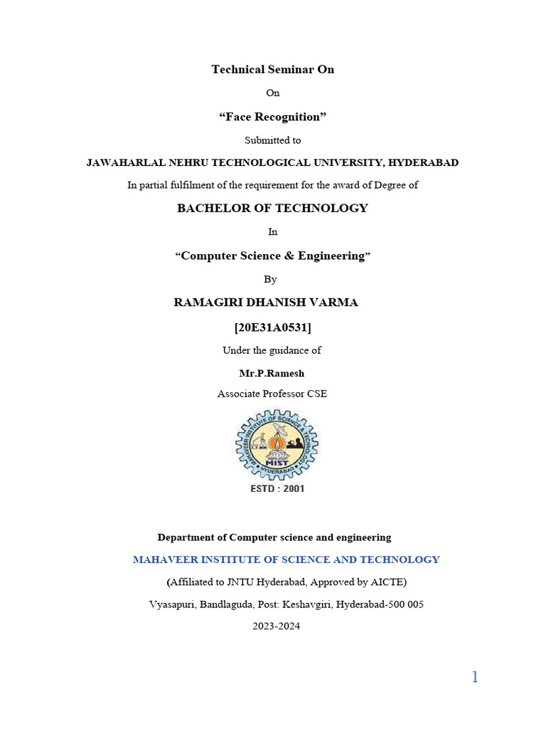 B.Tech Seminar: Face Recognition | PDF | Computing