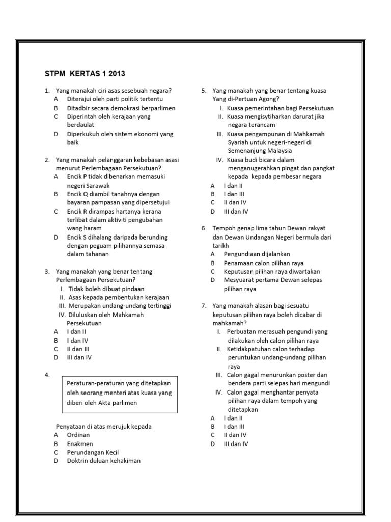 Soalan Objektif Pengajian Am 1 STPM 2013 Hingga 2022 | PDF | Hukum