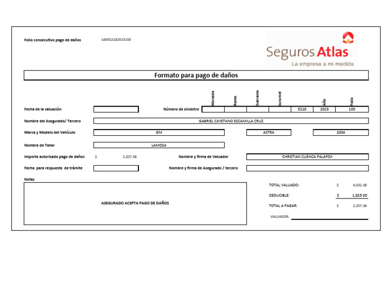 Formato Pago de Daños Atlas | PDF