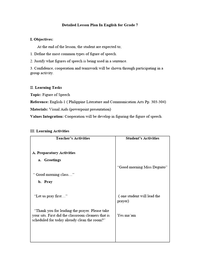 Detailed Lesson Plan in English For Grade 7 | PDF | Metaphor | Lesson Plan