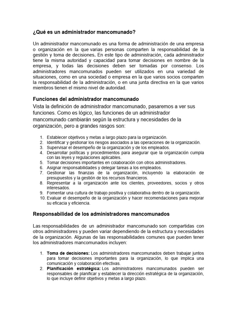 Administrador Mancomunado: Definición y Funciones | PDF | Planificación ...