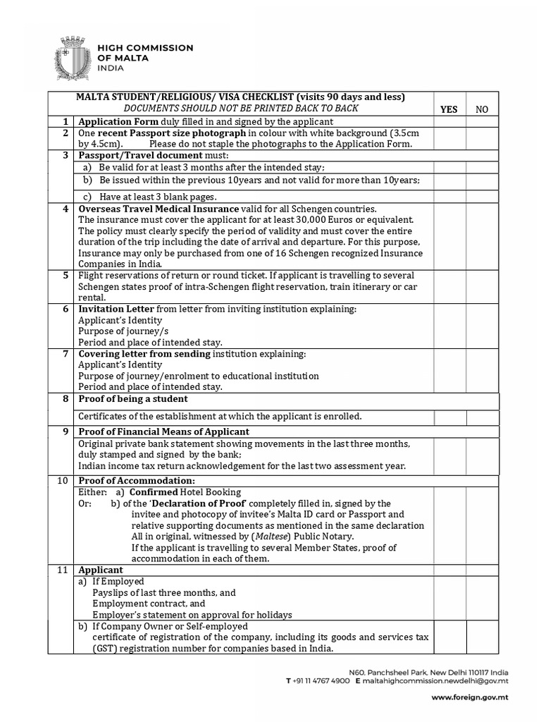 Malta - Student Visa - Checklist | PDF | Identity Document | Travel Visa