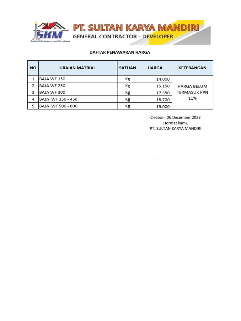 Daftar Harga Baja WF Desember 2023 | PDF