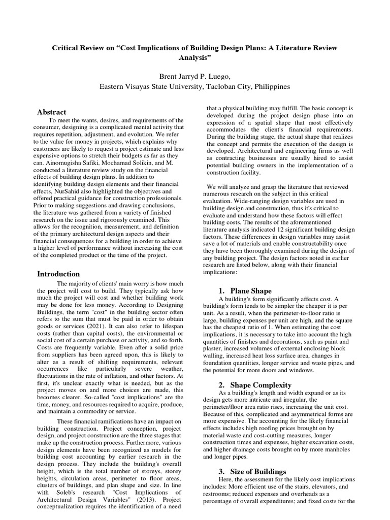 Luego Brent Jarryd P. - Bsarch 3a - Critical Review | PDF | Cost | Building