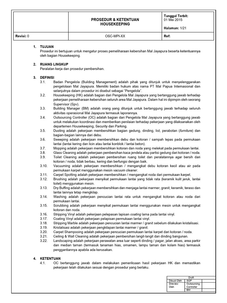DRAFT SOP-OSC-MPI-XX Prosedur & Ketentuan Housekeeping | PDF