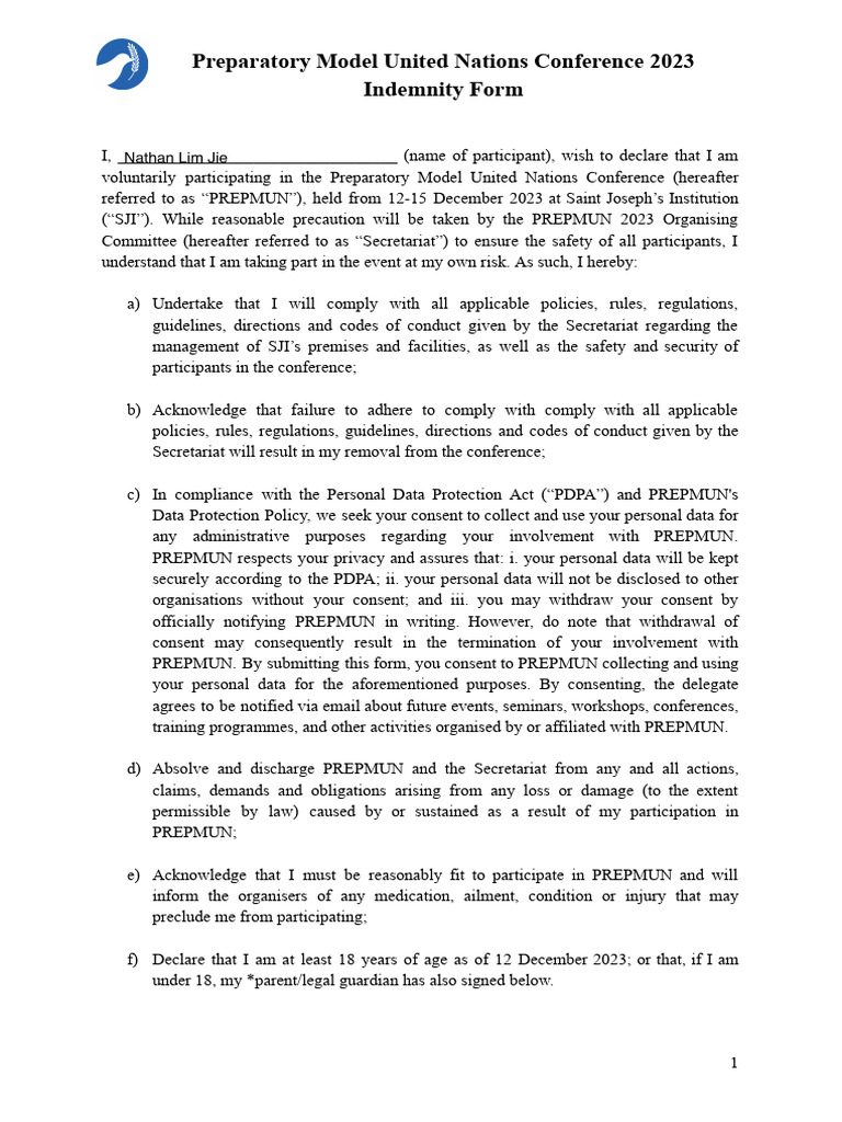 PREPMUN 2023 Indemnity Form | PDF | Safety | Consent