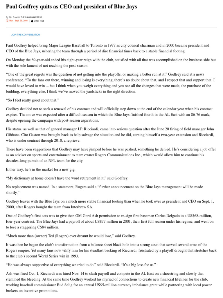 Paul Godfrey quits as CEO and president of Blue Jays The Star | PDF | Baseball Teams | Major ...