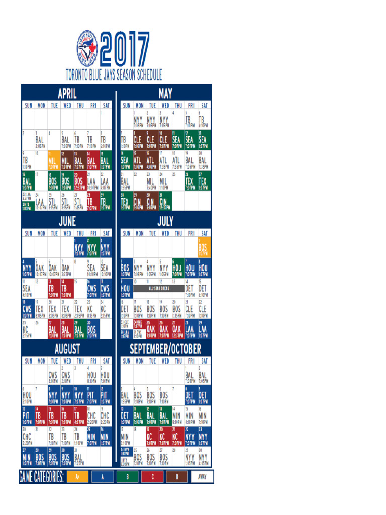 Printer-Friendly 2017 Toronto Blue Jays Regular Season Schedule | PDF