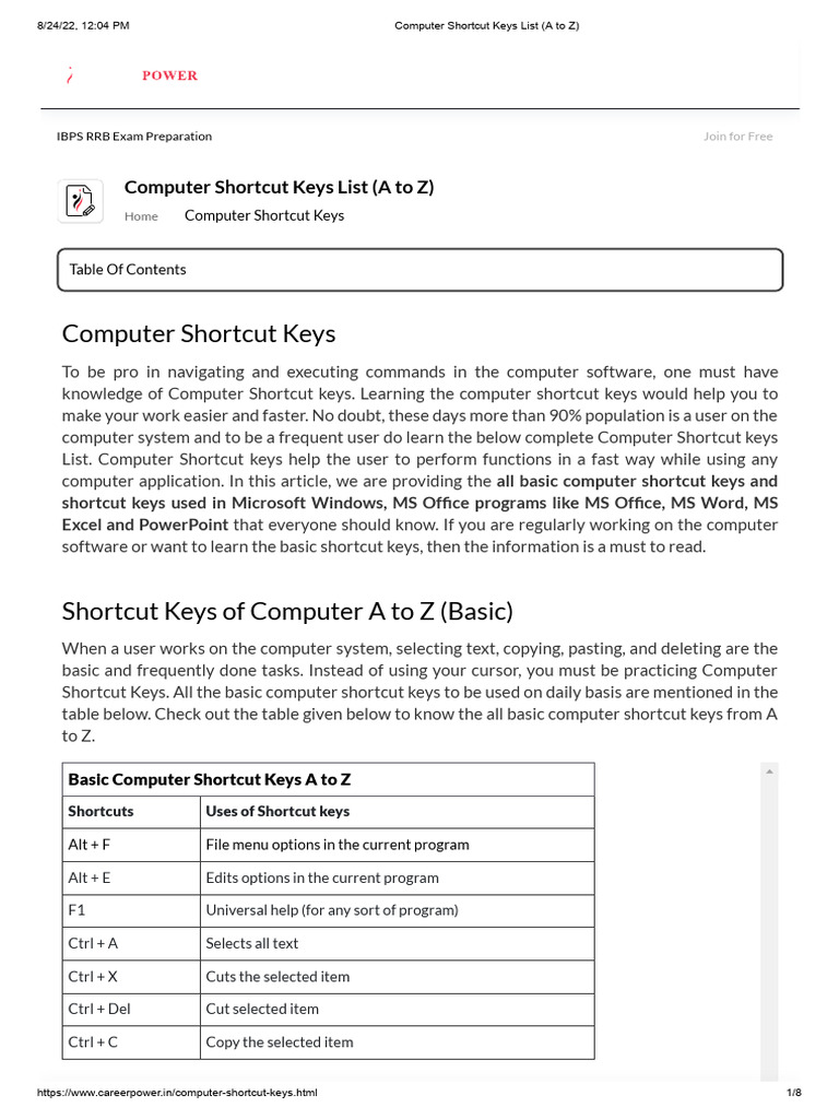 Computer Shortcut Keys List (A To Z) | PDF | Keyboard Shortcut ...