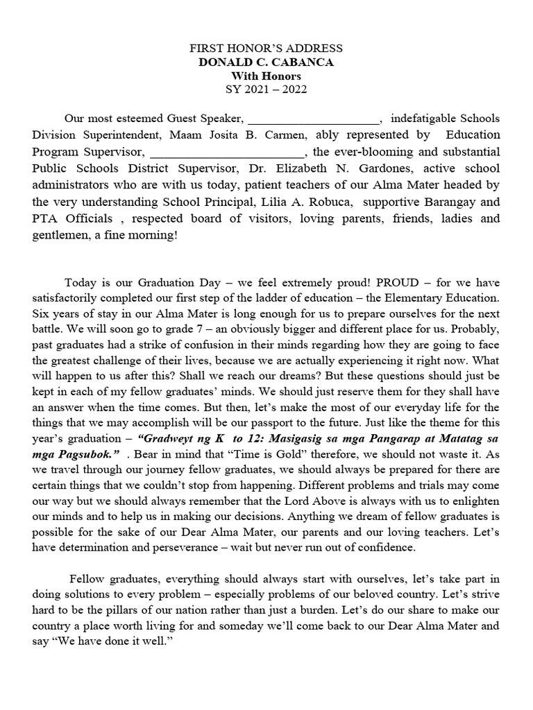 Welcome Address, Graduation Speech & Grad Prayer 2022 | PDF | God The Father | Love