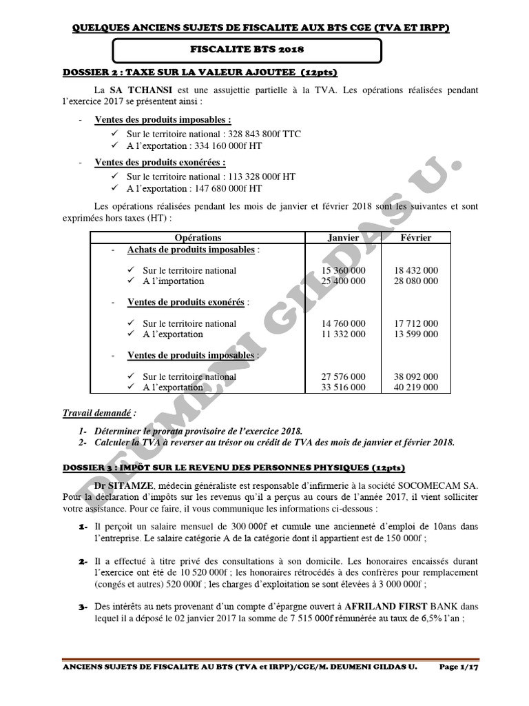 Anciens Sujets Fiscalité BTS: TVA & IRPP | PDF | Impôt sur le revenu ...
