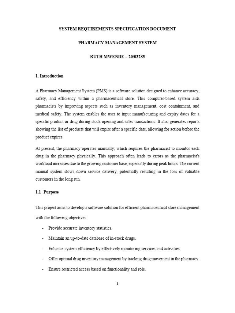 System - Requirements - Specification - Document Ruth Mwalali | PDF | Pharmacy | Medical ...