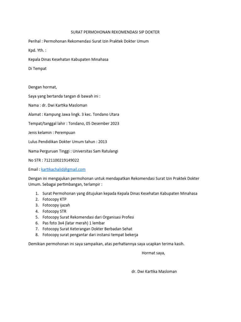 Surat Permohonan Rekomendasi Sip Dokter | PDF