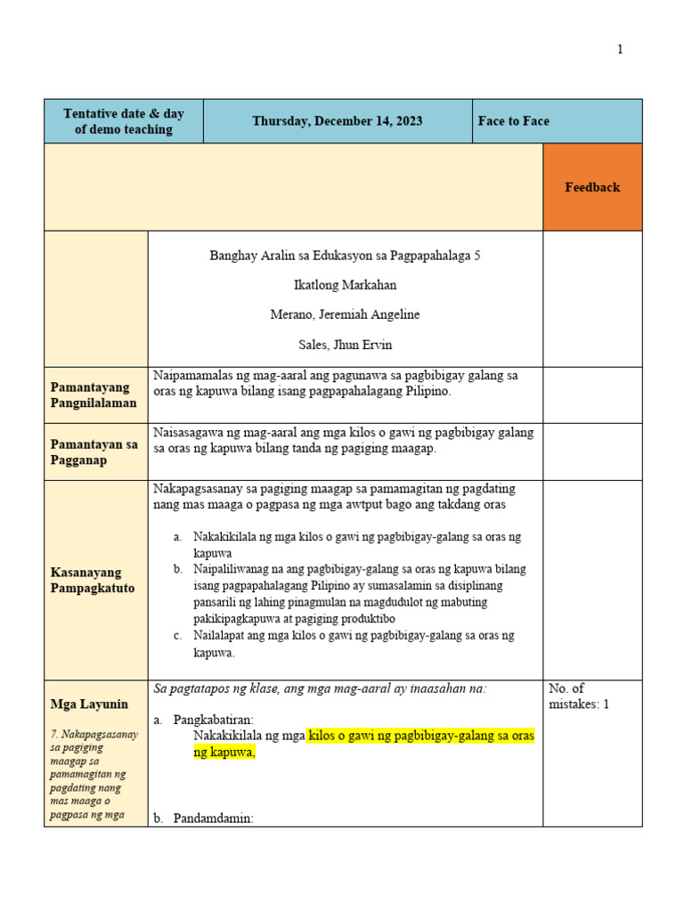 Merano Sales Task 6 1st Revised Lesson Plan | PDF