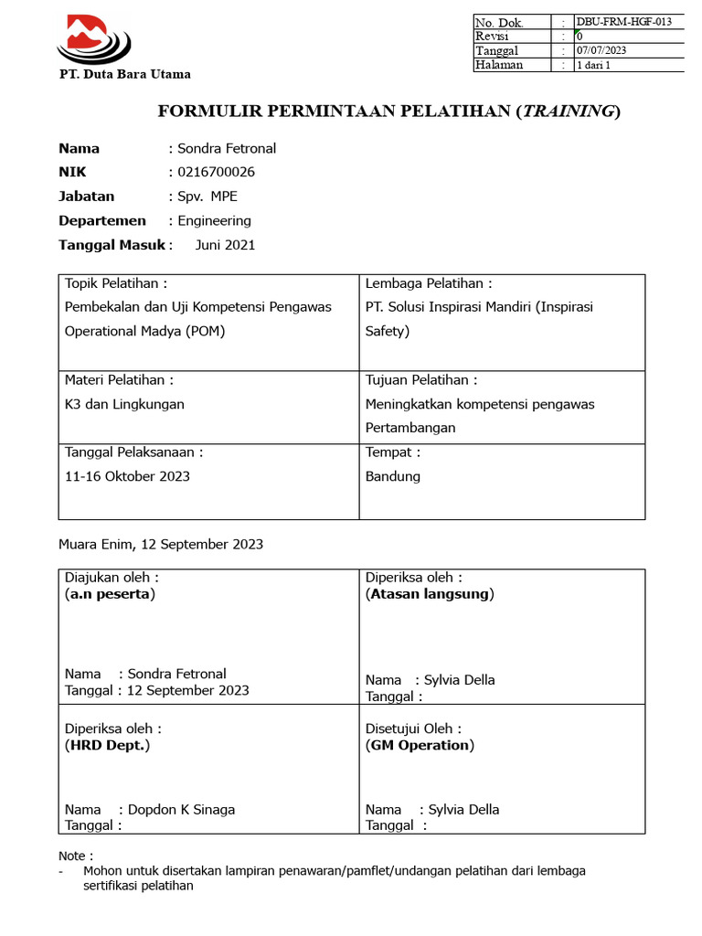 DBU-FRM-HGF-013 Formulir Pengajuan Training Karyawan | PDF