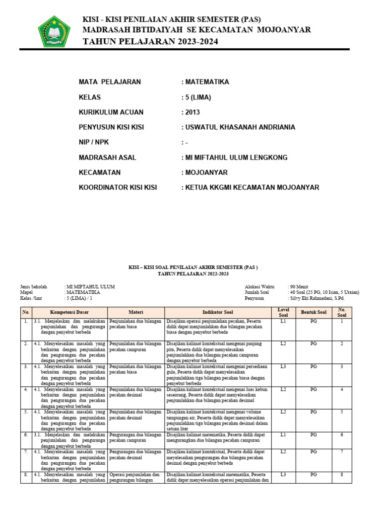 Format Kisi - Kisi Pas Matematika Kelas 5 | PDF