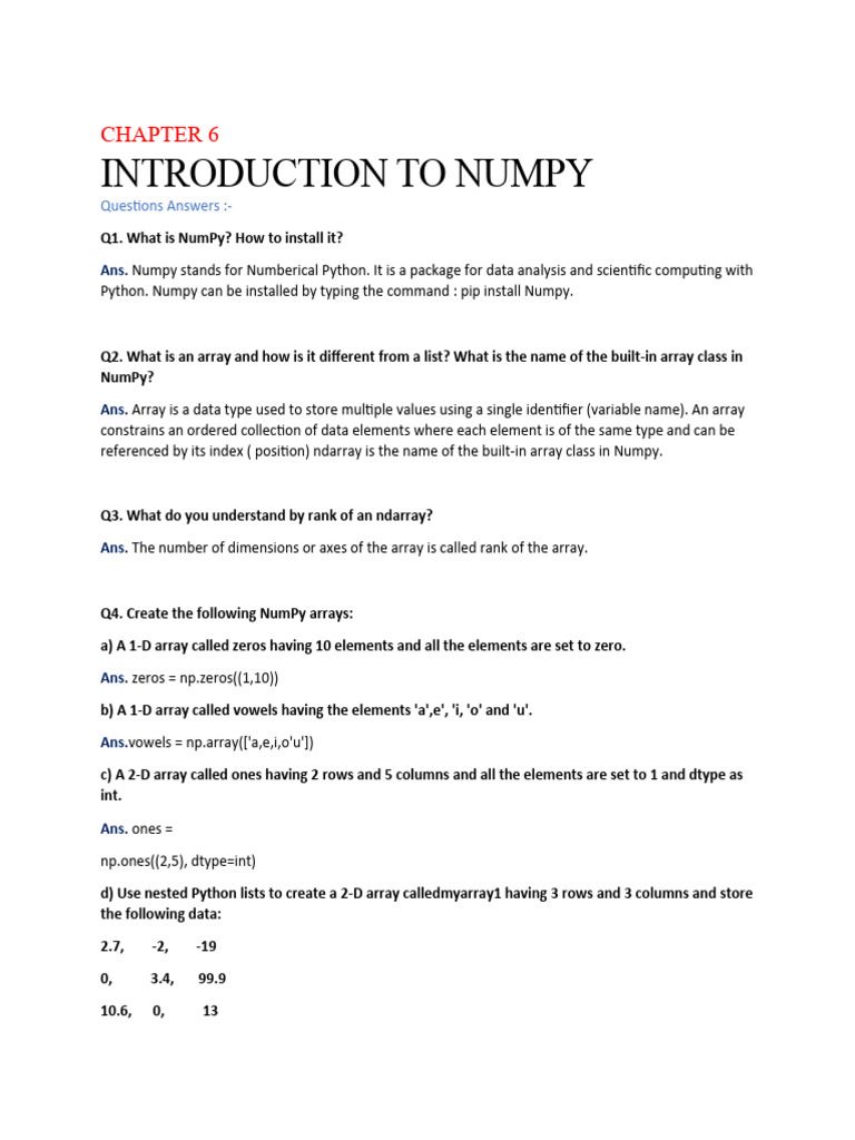 Chapter 6 Introduction To Numpy PDF | PDF | Matrix (Mathematics) | Computing