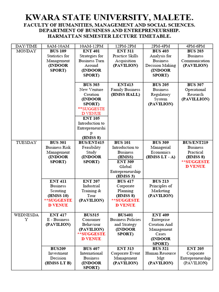 KWASU Business Lecture Timetable | PDF | Entrepreneurship | Economies