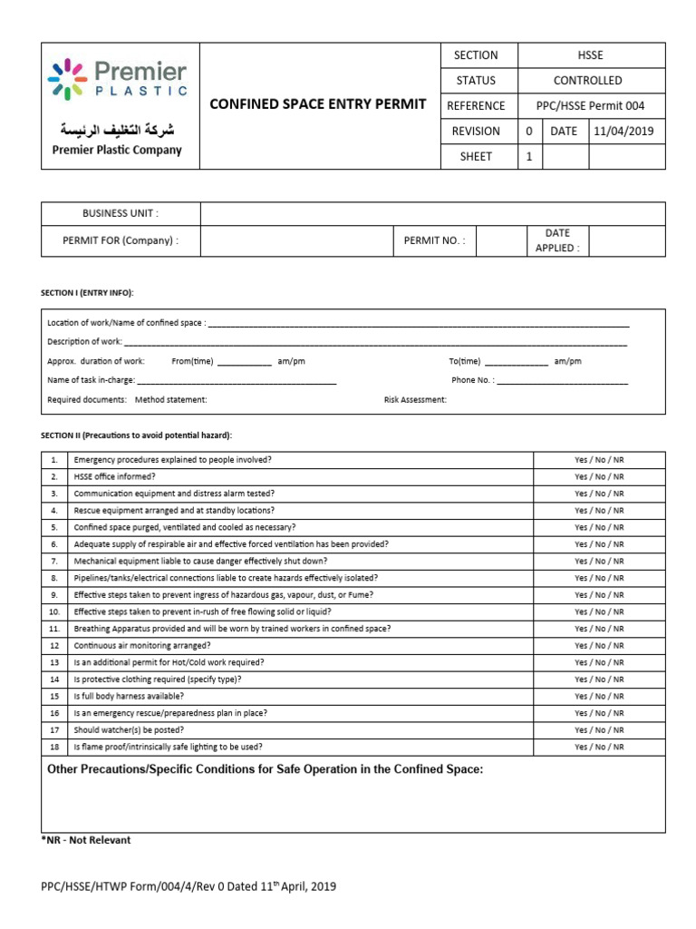 Confined Space Work Permit | PDF | Workplace | Working Conditions
