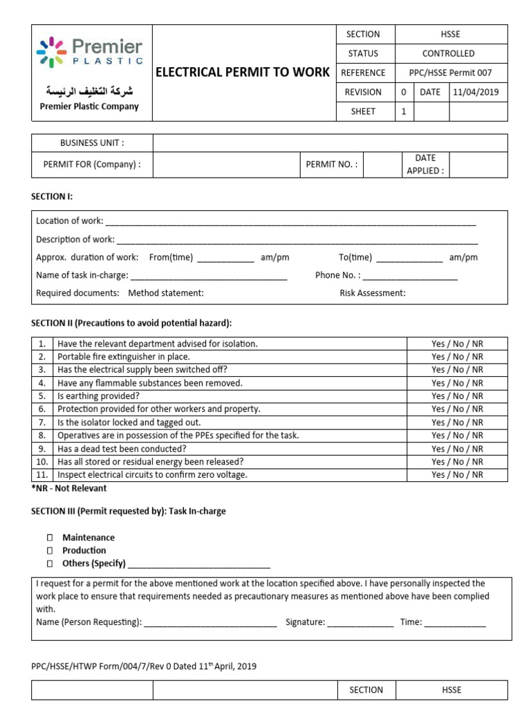 Electrical Permit To Work | PDF | Occupational Safety And Health | Electricity