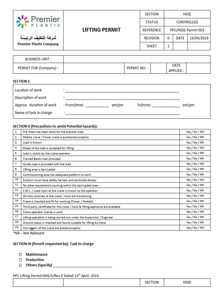 PPC Lifting Permit | PDF | Crane (Machine) | Safety