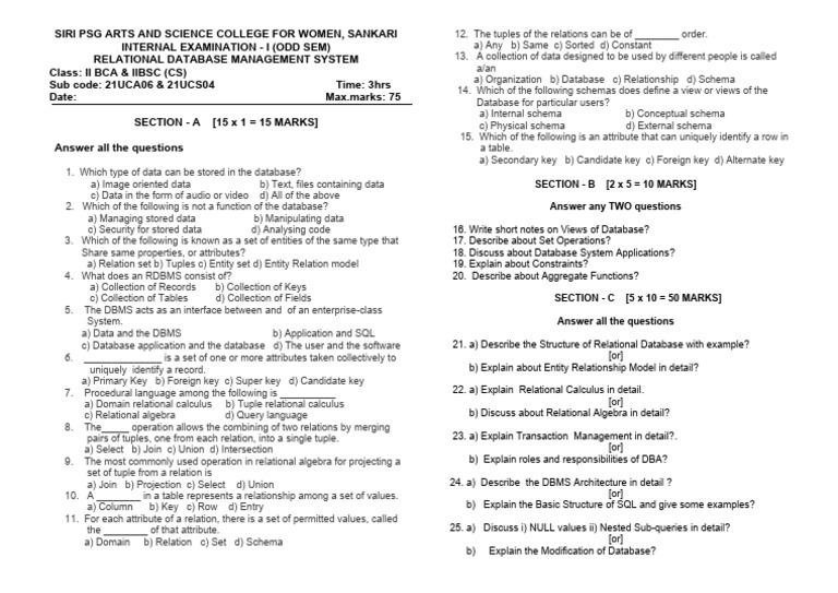 Rdbms Model Question Paper Pdf Relational Database Databases