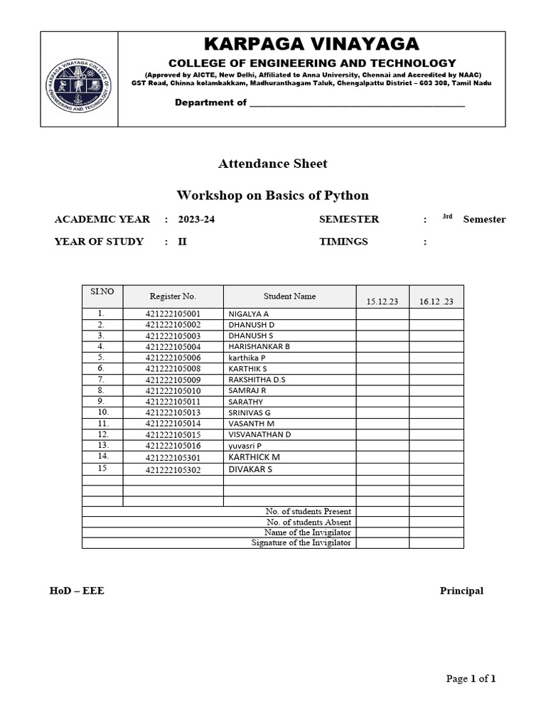 Attendance Sheet Python | PDF