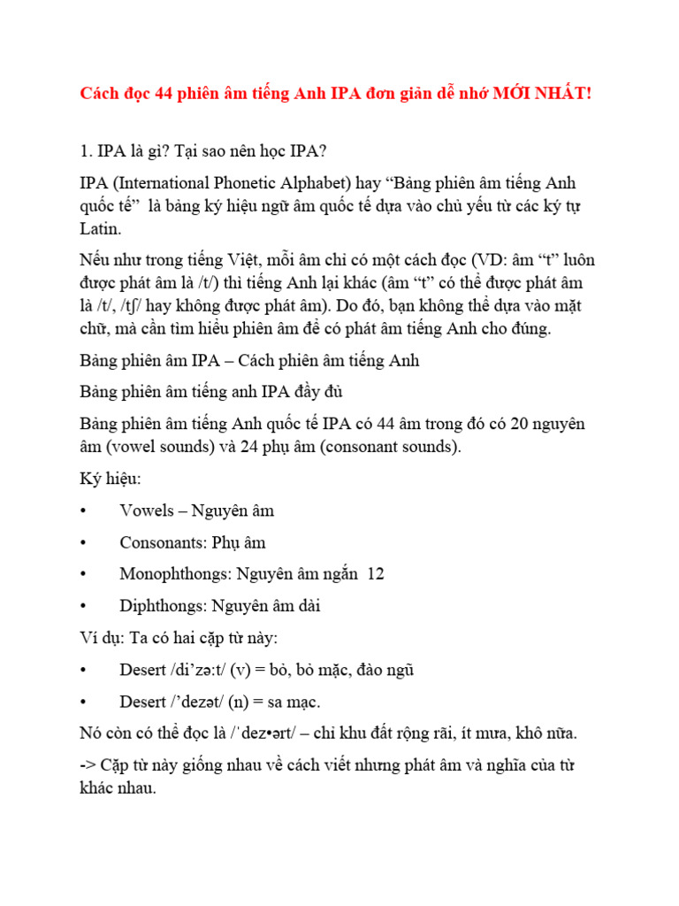 44 phiên âm tiếng Anh IPA đơn giản dễ nhớ MỚI NHẤT | PDF