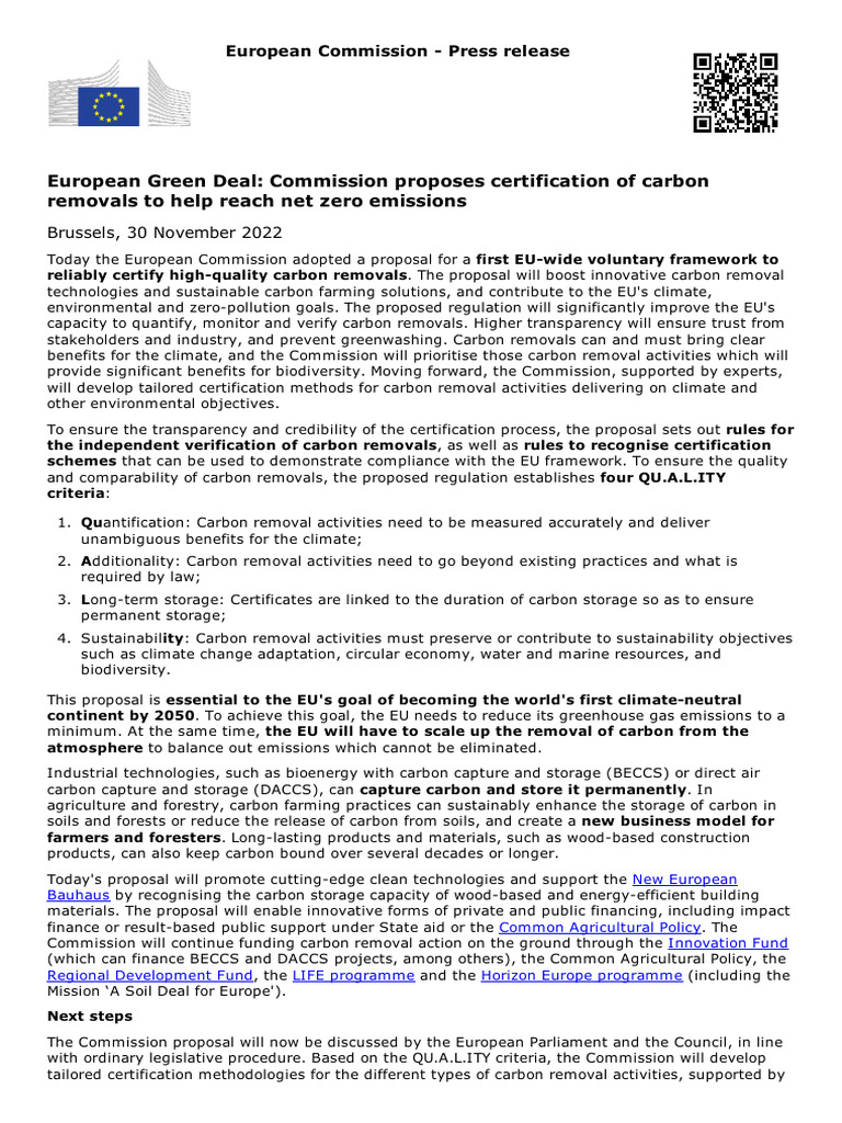 European Green Deal Commission Proposes Certification of Carbon ...