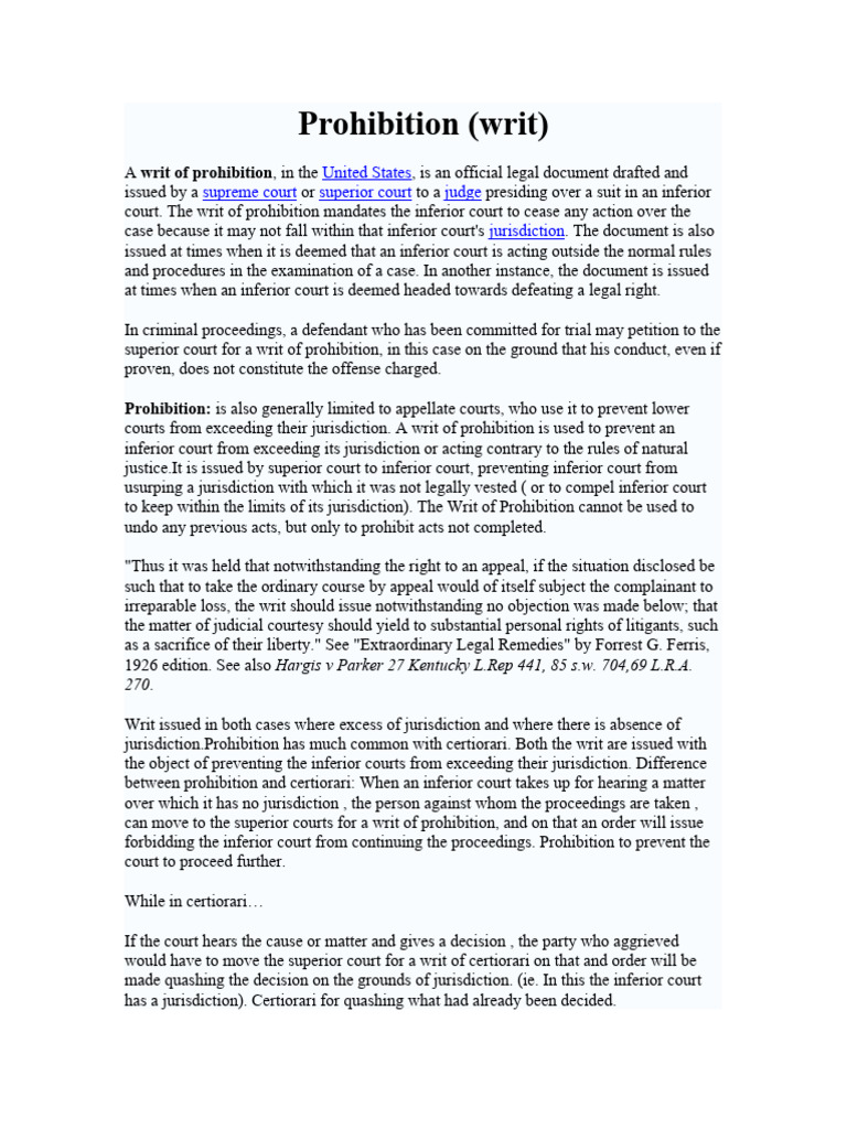 PROHIBITION, Admin Law | PDF | Writ Of Prohibition | Government