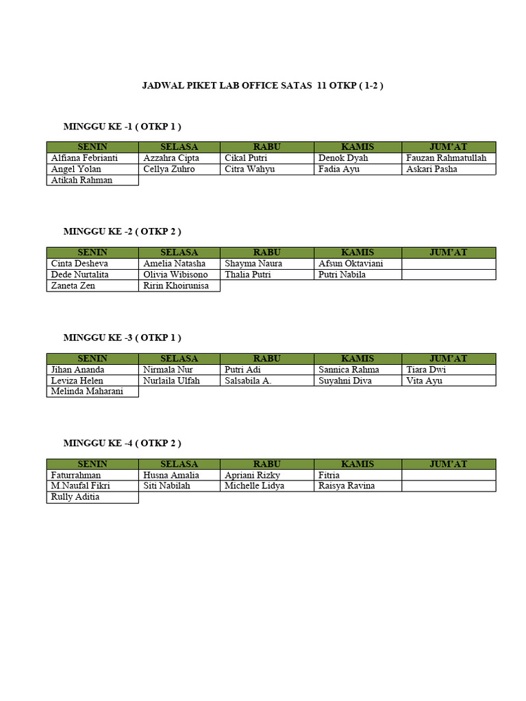 Jadwal Piket Lab Office Satas 11 Otkp | PDF