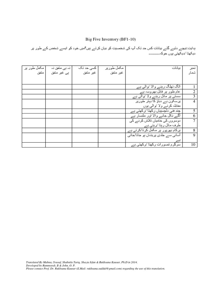 BFI-10 Urdu Items | PDF