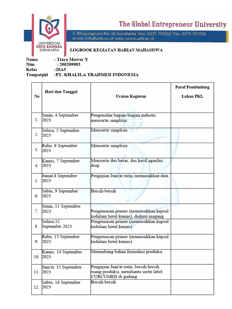 Logbook Khalilla Ara Fiks | PDF