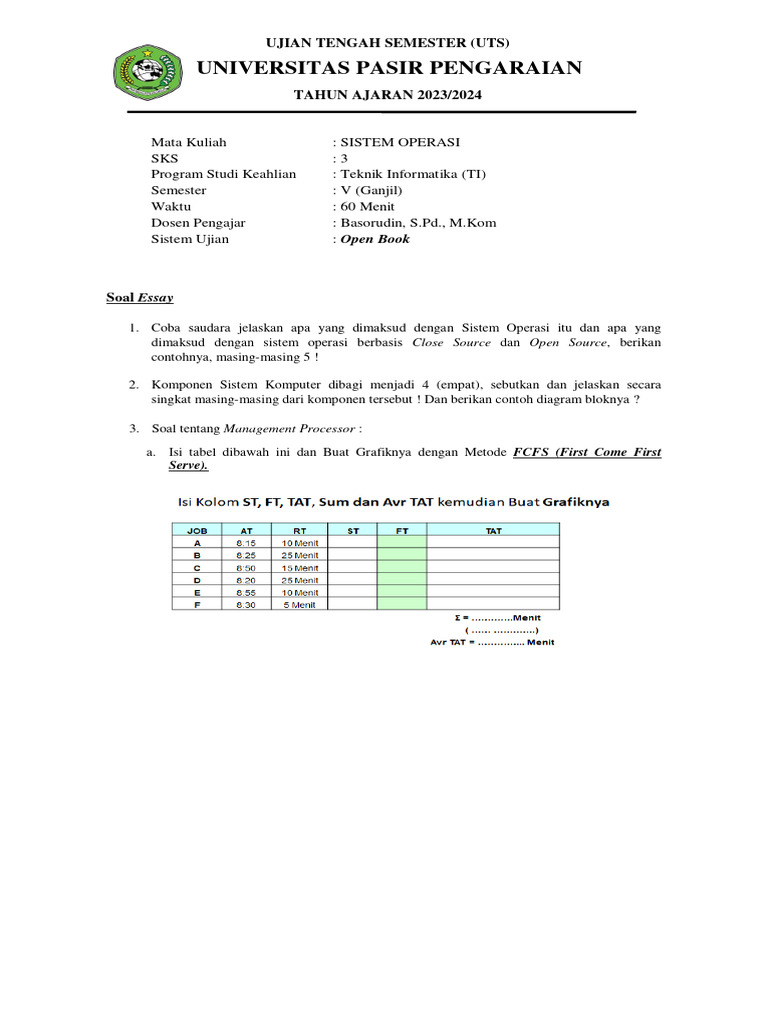 SOAL UTS Sistem Operasi-2023-1 | PDF