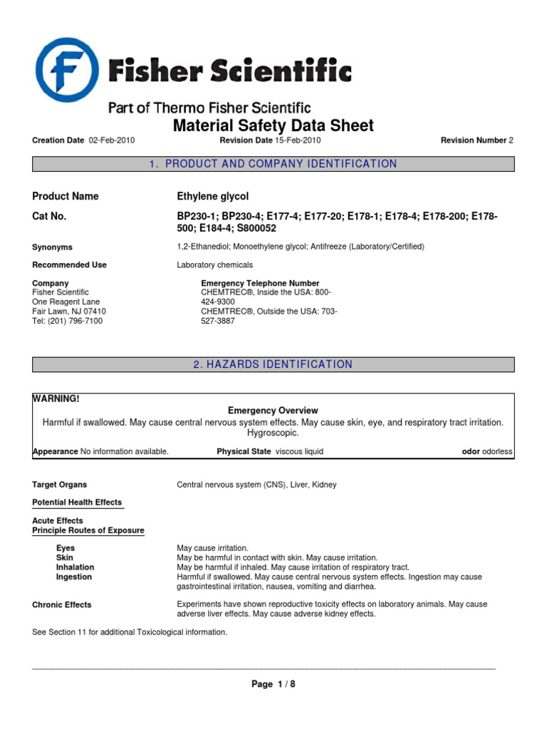 Ethylene Glycol MSDS | PDF | Firefighting | Personal Protective Equipment